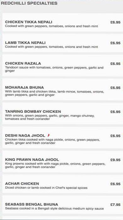 Menu at Red Chilli restaurant, Cardiff