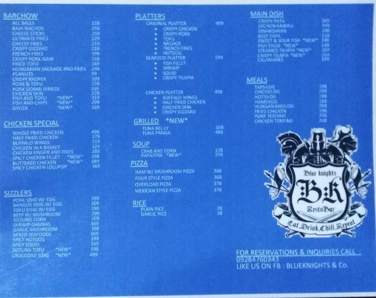 Menu at Blue Knights pub & bar, Cainta