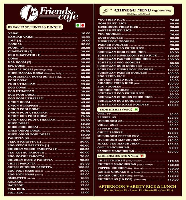 Menu of Friends Cafe, Maduravoyal, Chennai