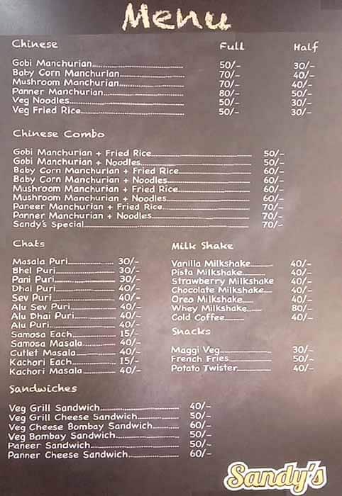 Menu of Sandy's, Yeshwantpur, Bangalore