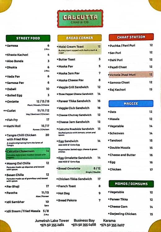 Menu of Calcutta Chai &Co., Jumeirah Lake Towers (JLT), Dubai