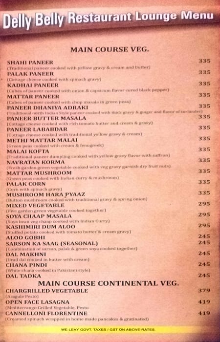 Menu at Delly Belly Lounge Bar, New Delhi, Shop No. 39