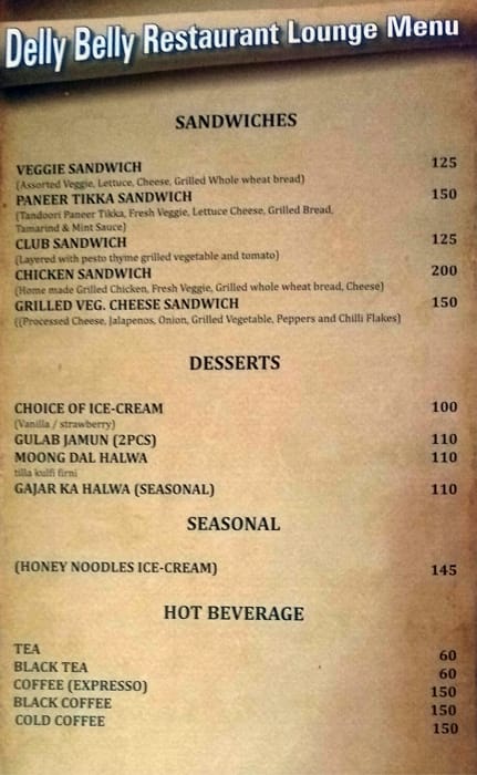 Menu at Delly Belly Lounge Bar, New Delhi, Shop No. 39