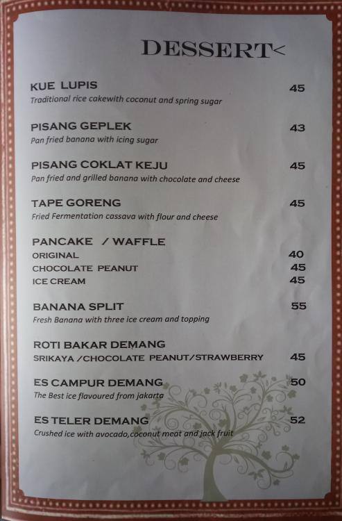 Menu at Demang restaurant, Central Jakarta