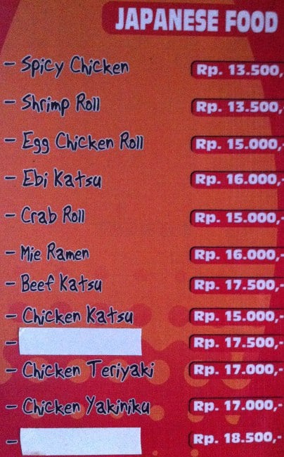 Menu at Burger Queen restaurant, Bogor, Taman Kencana