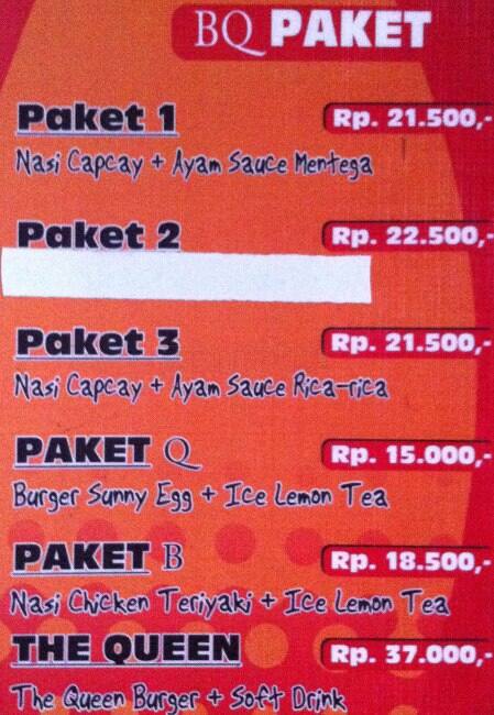Menu at Burger Queen restaurant, Bogor, Taman Kencana