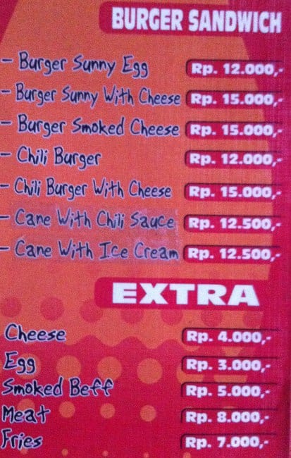 Menu at Burger Queen restaurant, Bogor, Taman Kencana