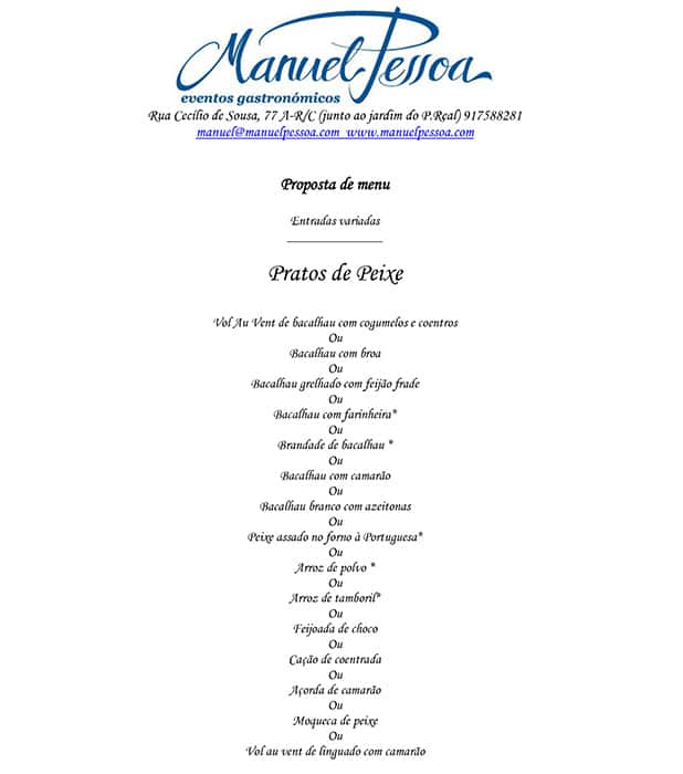 Menu at Casa Manuel Pessoa restaurant, Lisbon