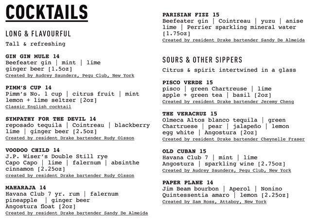 Menu at The Drake Hotel pub & bar, Toronto