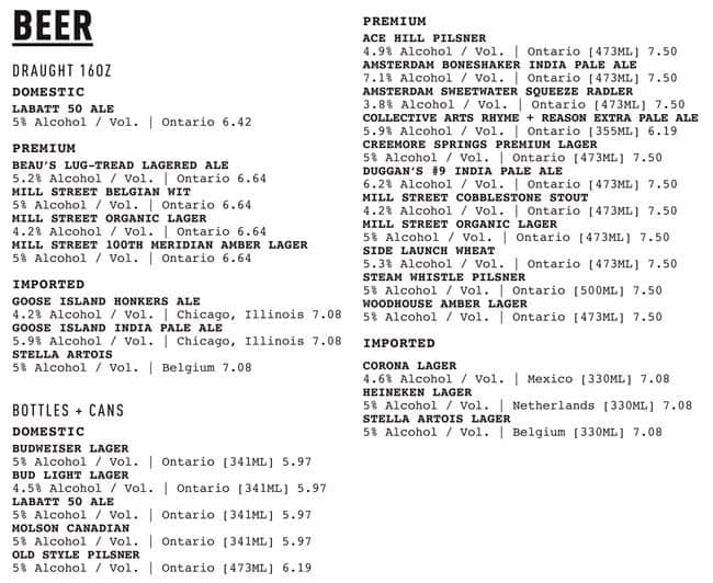 Menu at The Drake Hotel pub & bar, Toronto