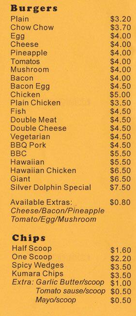 Menu at Silver Dolphin restaurant, Christchurch