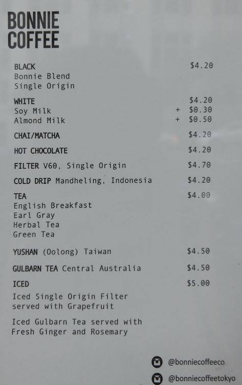Menu at Bonnie Coffee Melbourne cafe, Melbourne, 495 Collins St