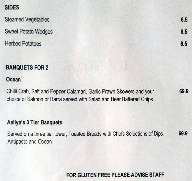 Carta de Aaliya's Café & Restaurant, Ipswich