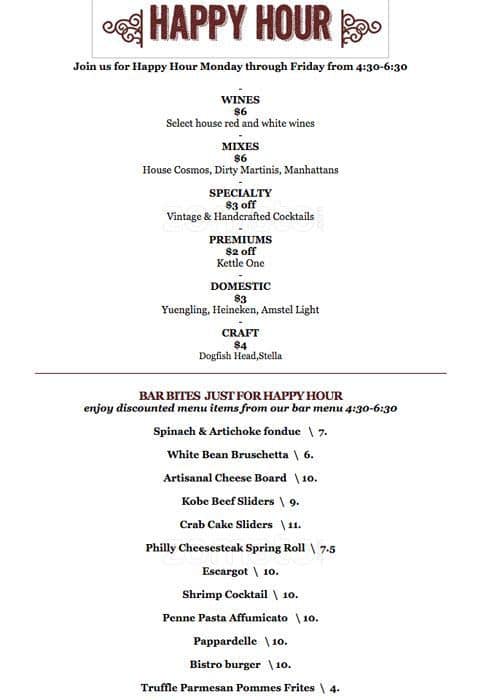 Menu at Vickers Restaurant, Exton