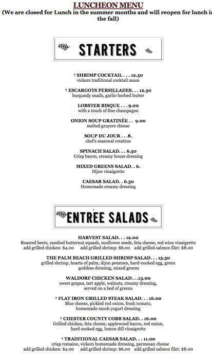 Menu at Vickers Restaurant, Exton