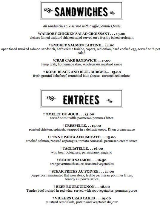 Menu at Vickers Restaurant, Exton