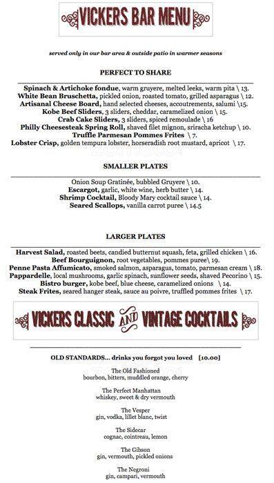 Menu at Vickers Restaurant, Exton