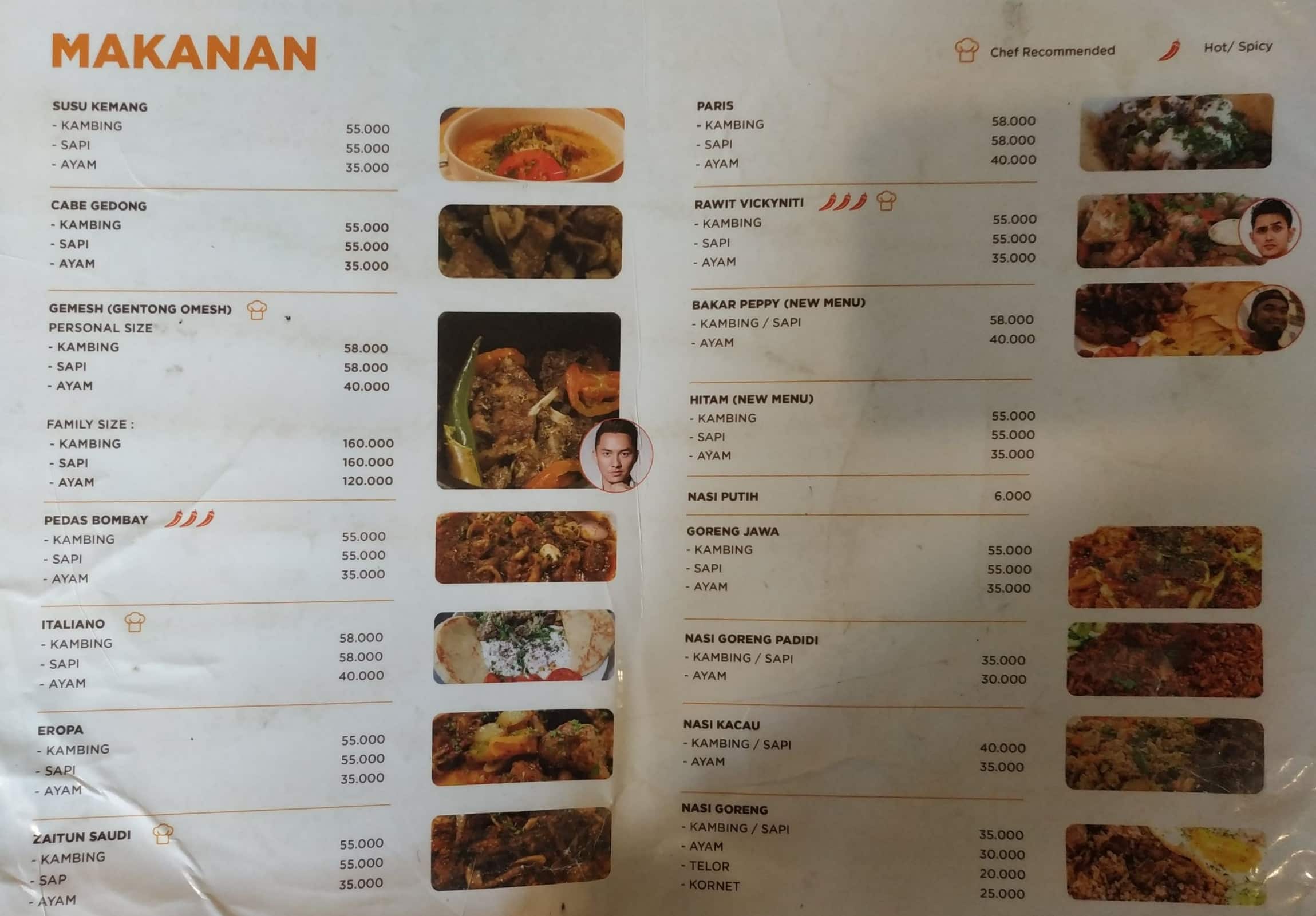 Menu at Kambing Babeh Dolof restaurant, Jakarta