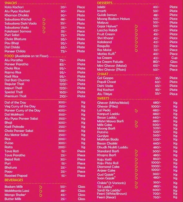 Menu of Falahaar & Kota Kachori, Indiranagar, Bangalore