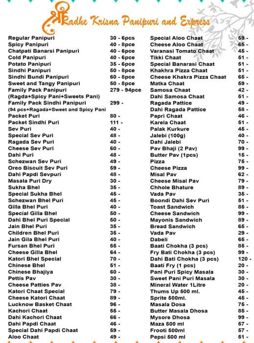 Menu of Shri Radhe Krishna Pani Puri Express, Dombivali East, Thane