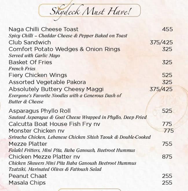 Menu of Sky deck at Polo Floatel Kolkata, Esplanade, Kolkata