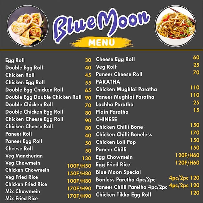 Menu of Blue Moon, Kankarbagh, Patna