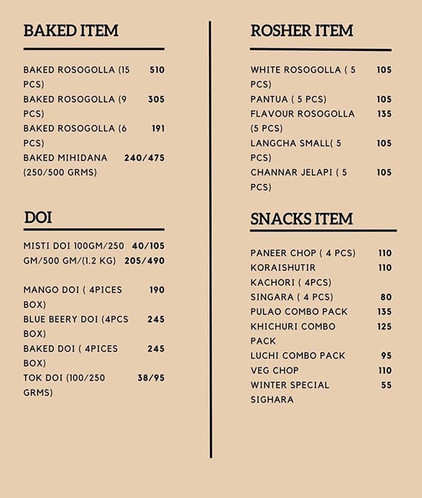 Menu of Balaram Mullick & Radharaman Mullick Sweets, Tollygunge, Kolkata