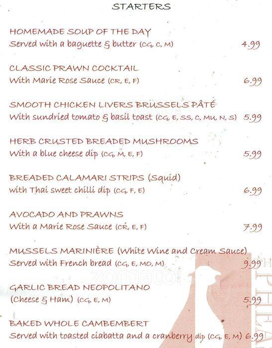 Menu at The Pheasant Inn & Restaurant Heathrow, Hayes, 98 W End Ln