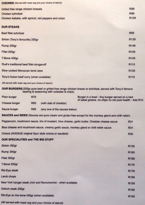 Menu at The Avenue Restaurant & Grill, Cape Town