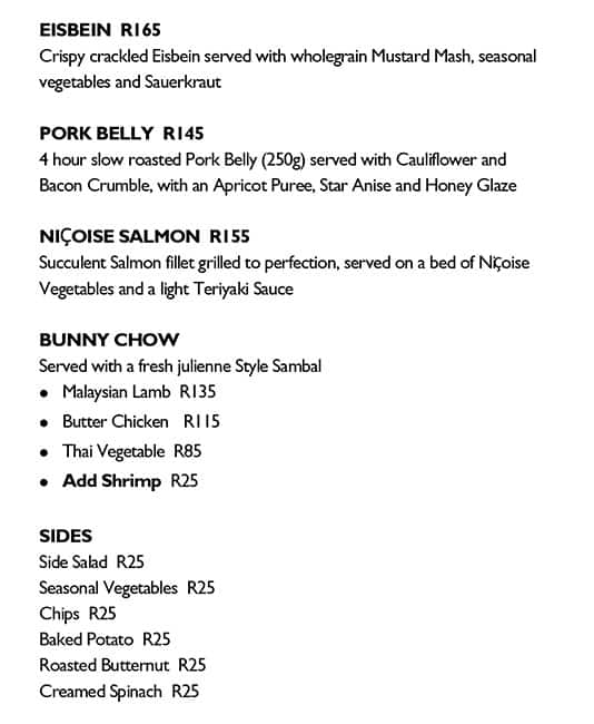 Carta del pub y bar Rusty Oak Bistro, Ciudad del Cabo