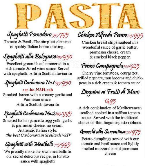 Menu at ORO pizzeria, Glasgow