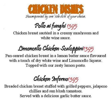 Menu at ORO pizzeria, Glasgow