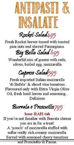 Menu at ORO pizzeria, Glasgow