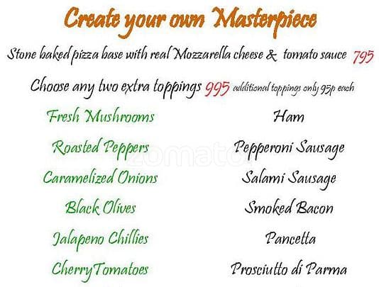 Menu at ORO pizzeria, Glasgow