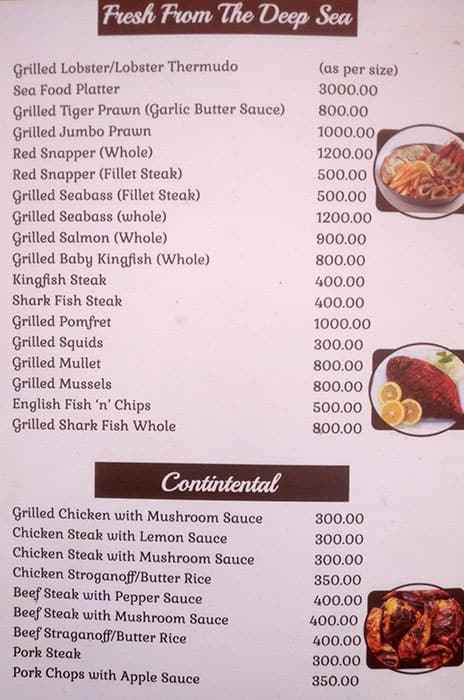 Menu at Goan Village, Cavelossim