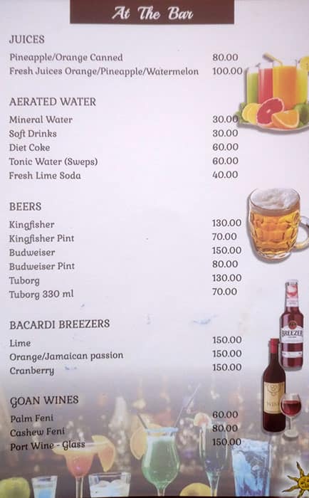Menu at Goan Village, Cavelossim