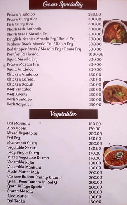 Menu at Goan Village, Cavelossim