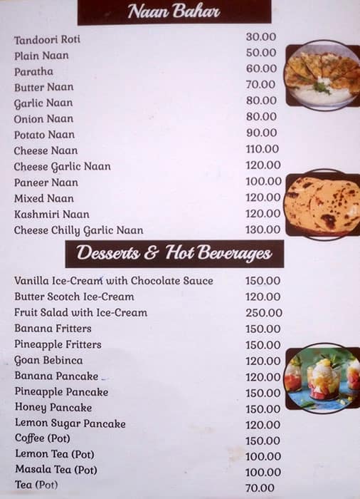 Menu at Goan Village, Cavelossim