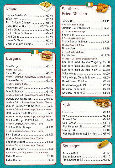 Menu at San Siro restaurant, Dublin