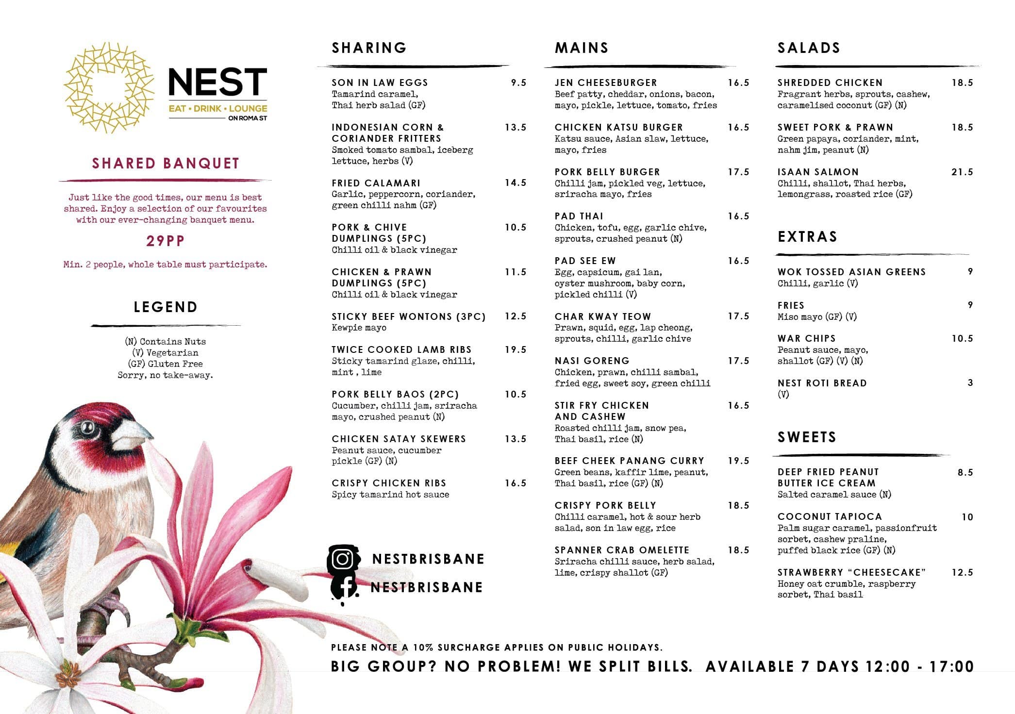 Menu at Nest Restaurant, Brisbane City, 2/159 Roma St