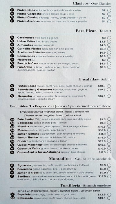 Menu at Pinchos pub & bar, Leederville