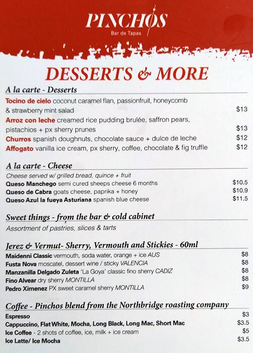 Menu at Pinchos pub & bar, Leederville