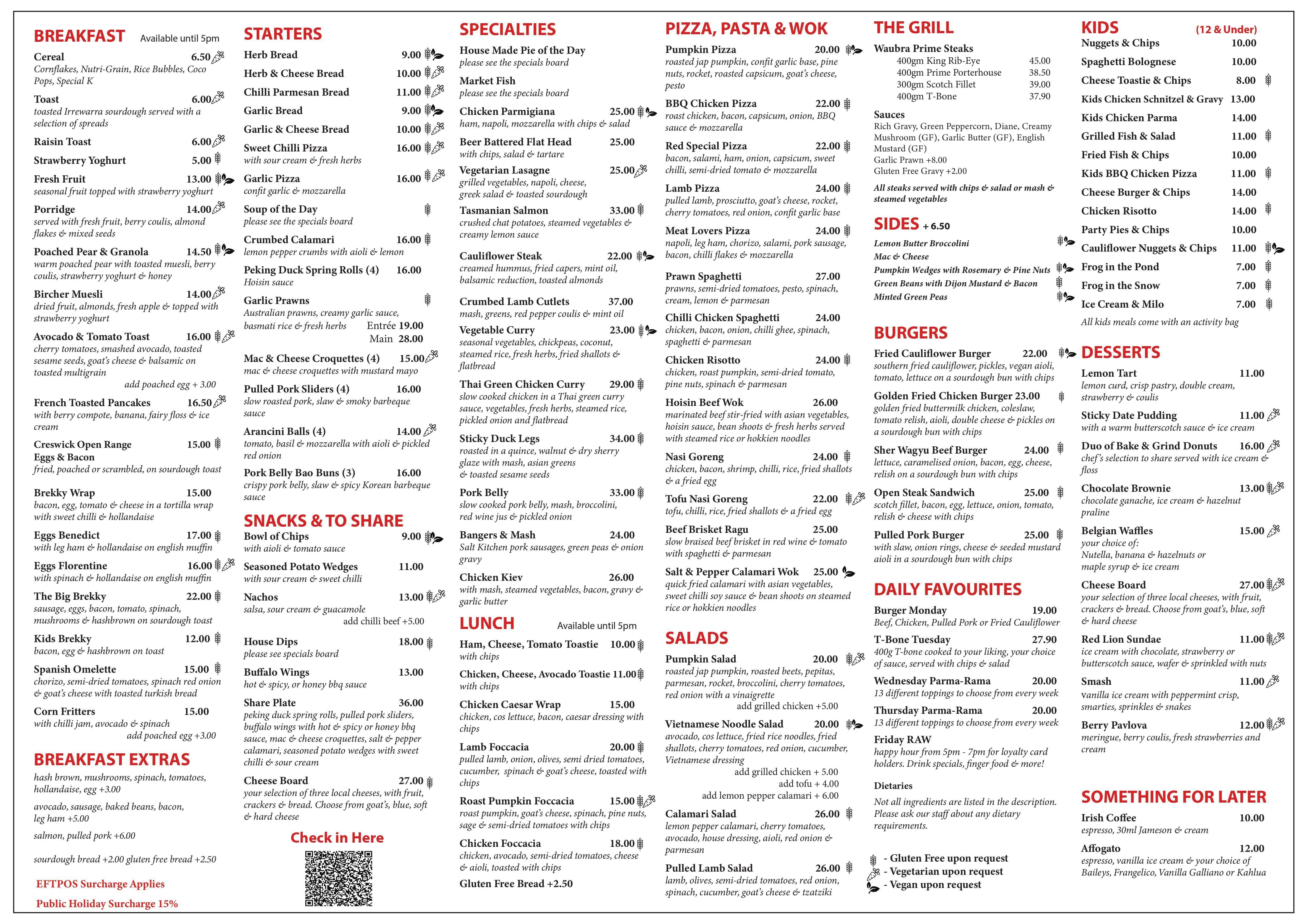 Menu at The Red Lion Ballarat restaurant, Ballarat Central