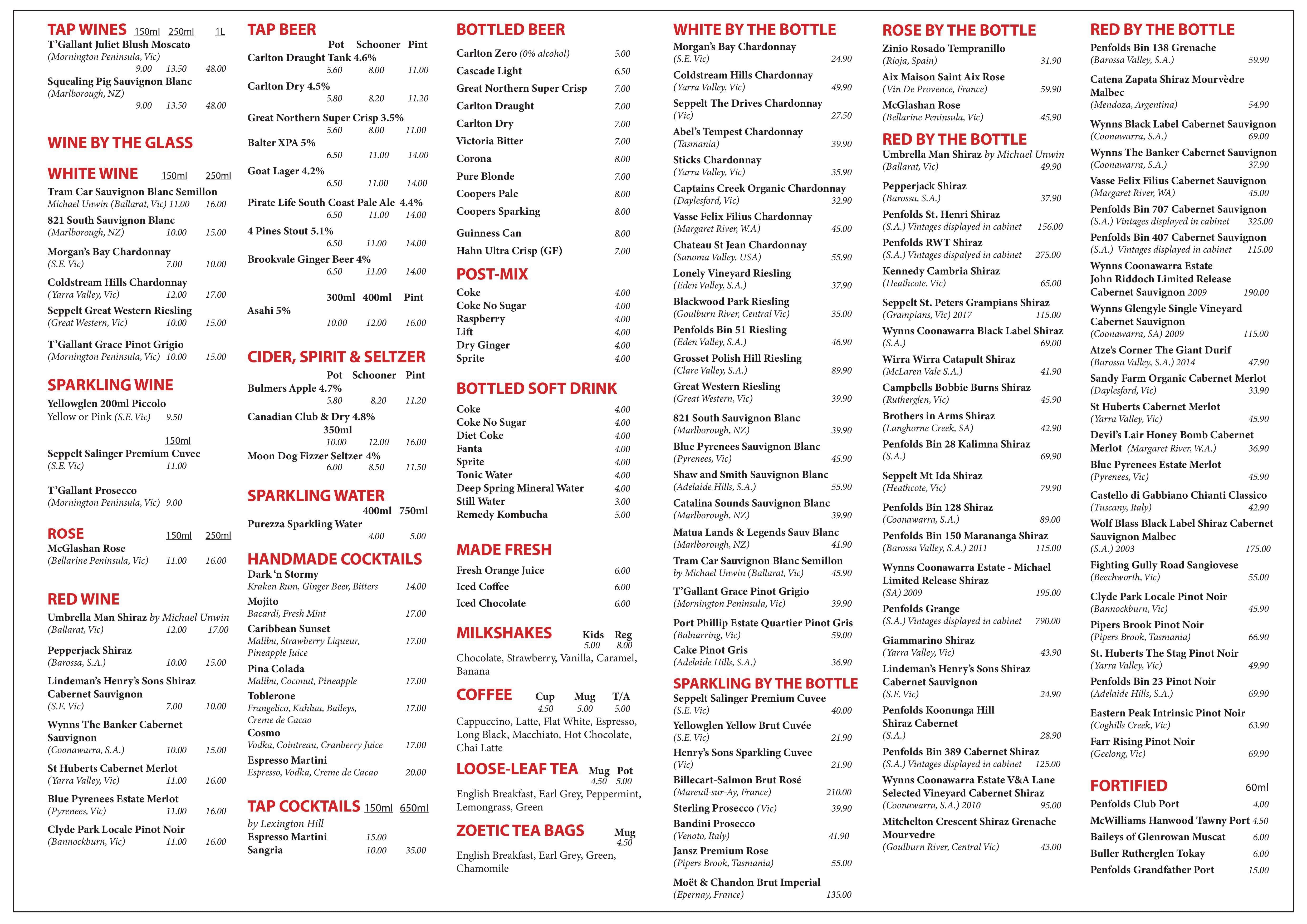 Menu at The Red Lion Ballarat restaurant, Ballarat Central