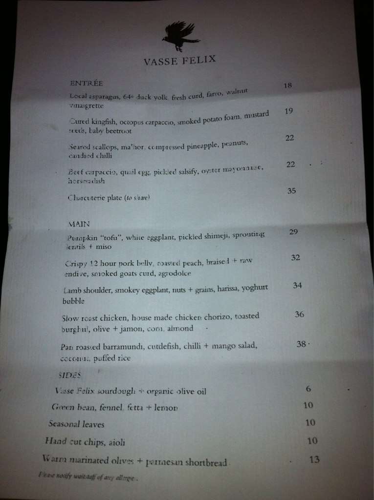 Menu at Vasse Felix restaurant, Cowaramup