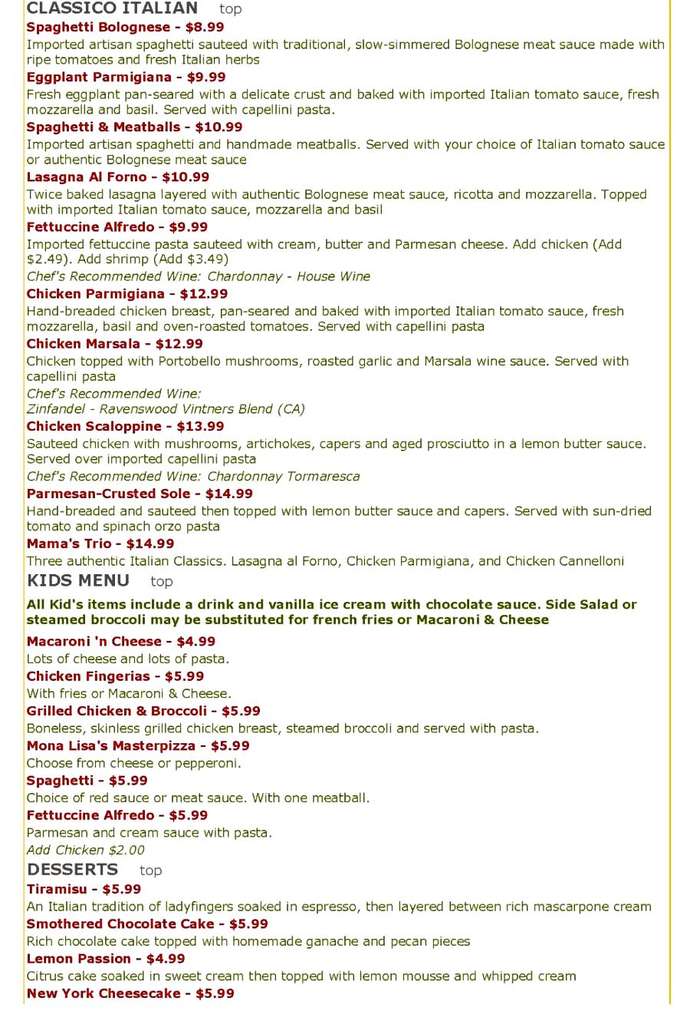 Menu at Romano's Macaroni Grill restaurant, Alexandria