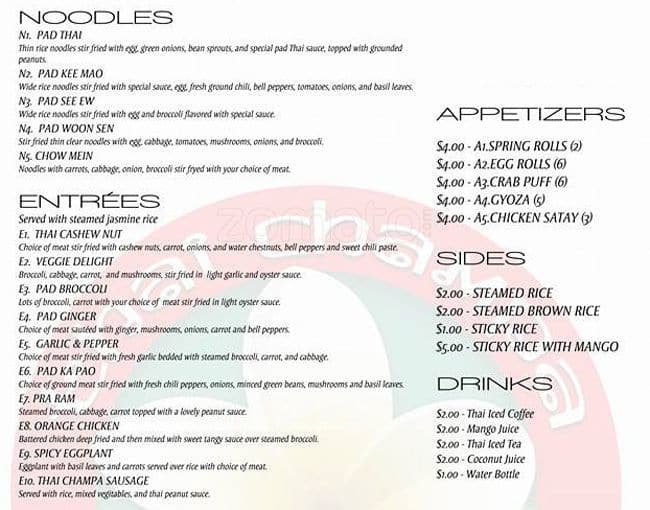 Menu at Thai Champa restaurant, Portland, 938 E Burnside St