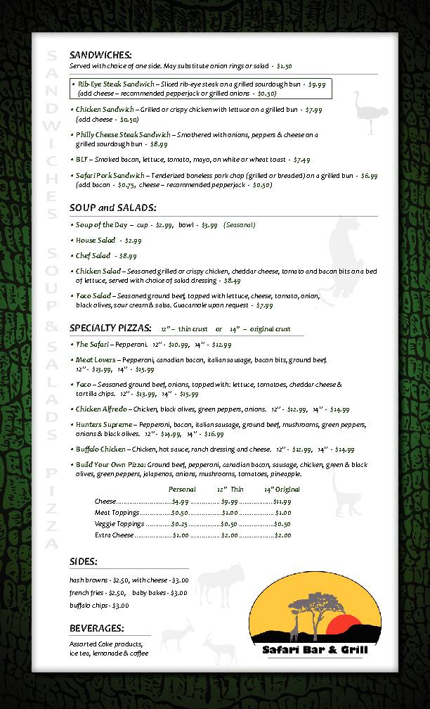 Menu at Safari Bar And Grill, Renner