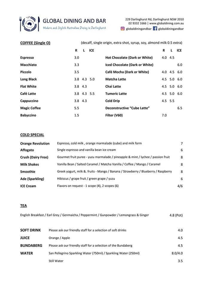 Menu at Global Dining and Bar, Darlinghurst