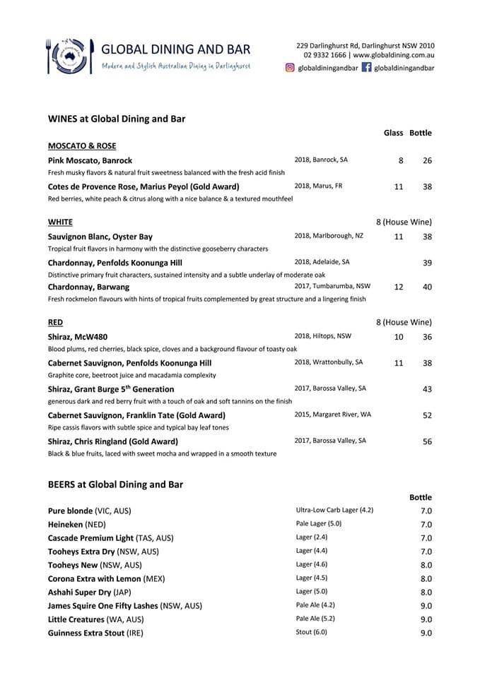 Menu at Global Dining and Bar, Darlinghurst